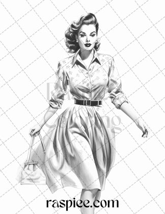 Vintage Fashion Grayscale Coloring Pages Printable for Adults, PDF Fil ...