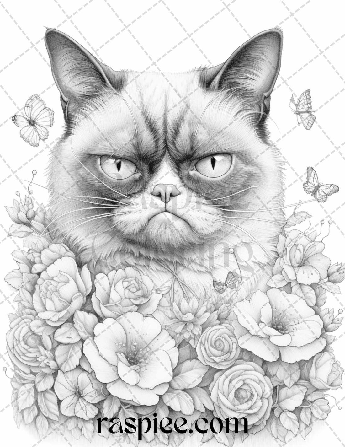 50 Grumpy Cat Grayscale Coloring Pages Printable for Adults, PDF File