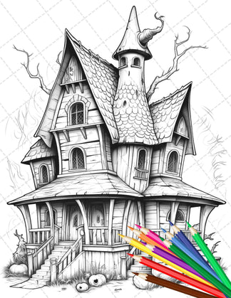 32 Spooky Houses Coloring Pages Printable for Adults, Grayscale Colori ...
