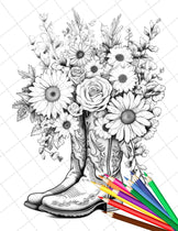 32 Flower Boots Coloring Pages Printable for Adults, Floral Grayscale ...