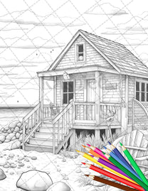 42 Wooden Beach Houses Grayscale Coloring Pages Printable for Adults ...