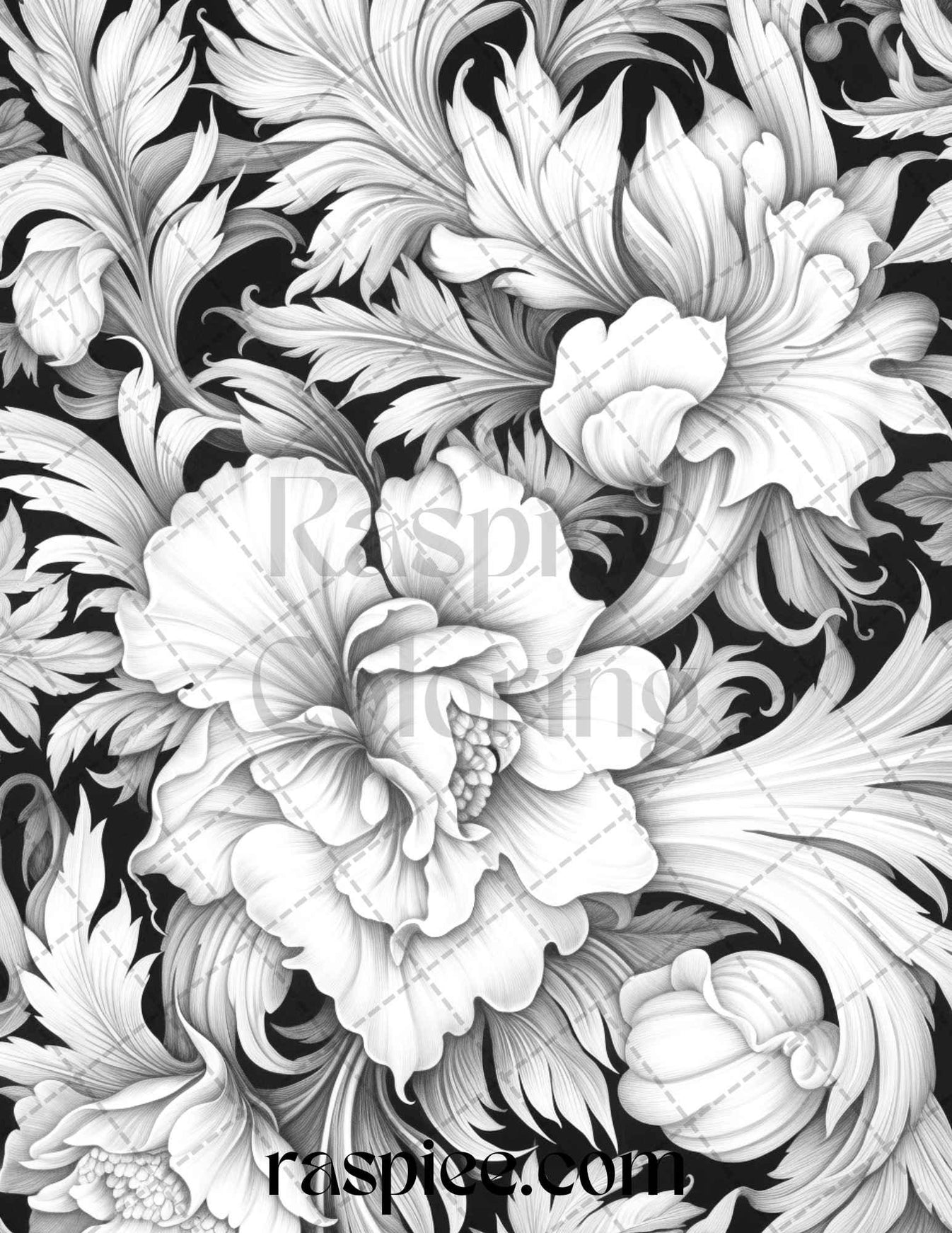 50 Vintage Floral Patterns Grayscale Coloring Pages Printable for Adul