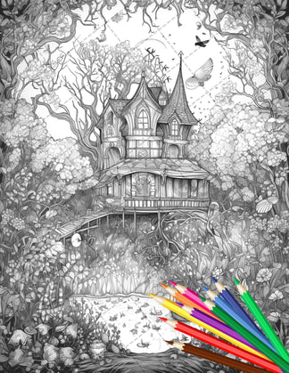 30 Fantasy Fairy Houses Coloring Page Book, Printable Adult Coloring P ...
