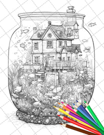 34 Fishtank Houses Coloring Book for Adults, Grayscale Coloring Page ...
