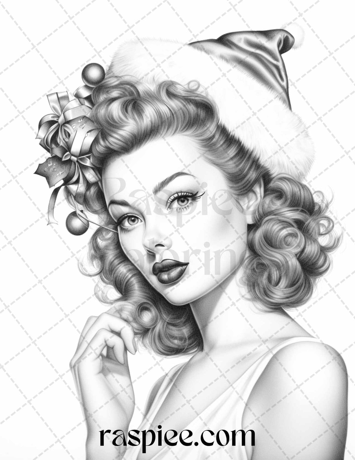 55 Vintage Christmas Pin Up Girls Grayscale Coloring Pages for Adults,