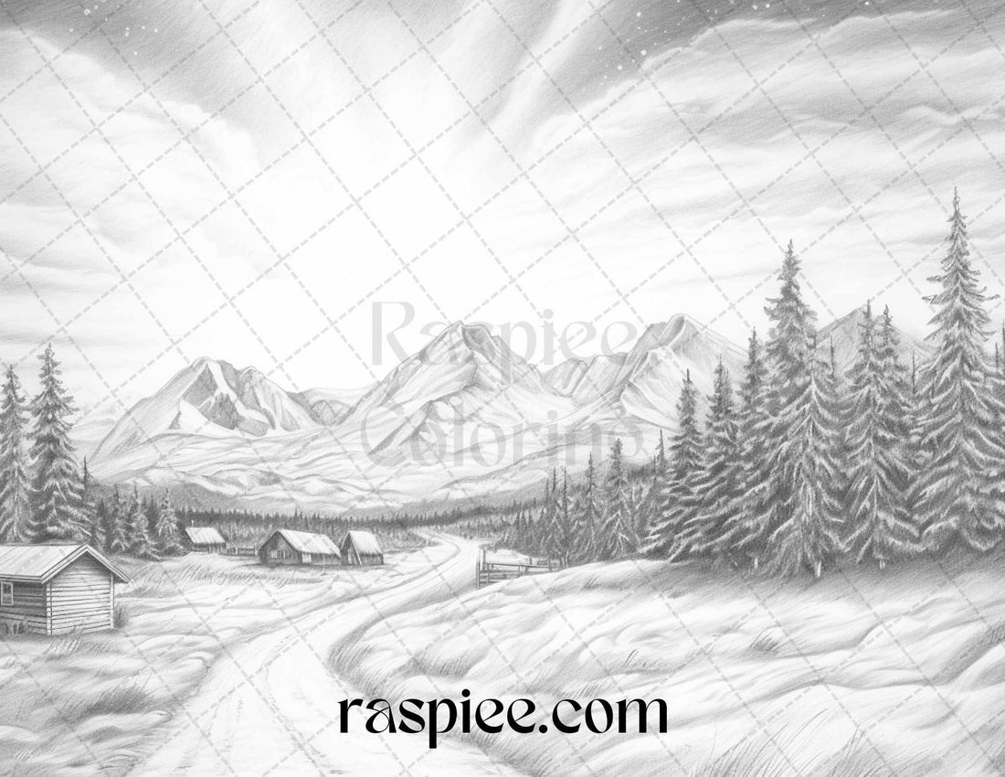 Aurora Borealis Landscape Grayscale Coloring Pages for Adults, Printab