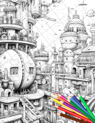 50 Futuristic Metropolis Grayscale Coloring Pages Printable for Adults ...
