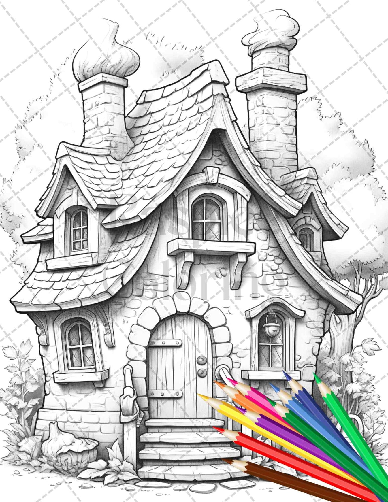 40 Stone Cottage Houses Grayscale Coloring Pages Printable for Adults,