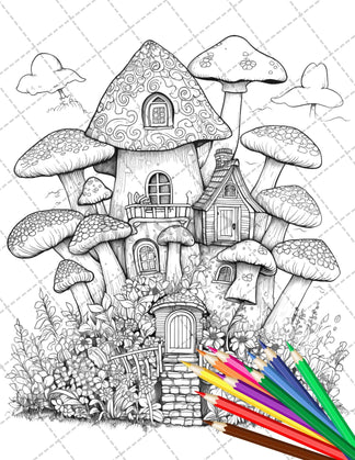 32 Whimsical Mushroom House Coloring Pages for Adults, Grayscale Color ...