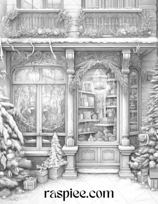 Christmas Store Front Grayscale Coloring Pages for Adults, PDF Printab ...