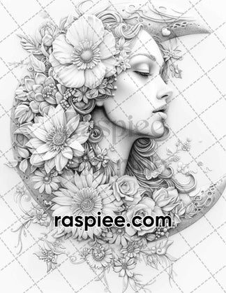 60 Boho Moon Floral Grayscale Adult Coloring Pages Printable PDF Insta ...