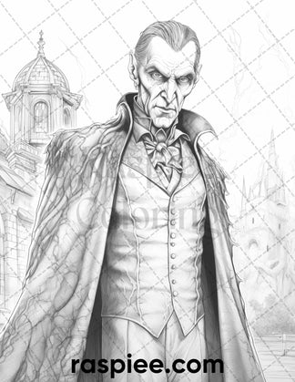 50 Count Dracula Grayscale Coloring Pages Printable for Adults, PDF Fi ...