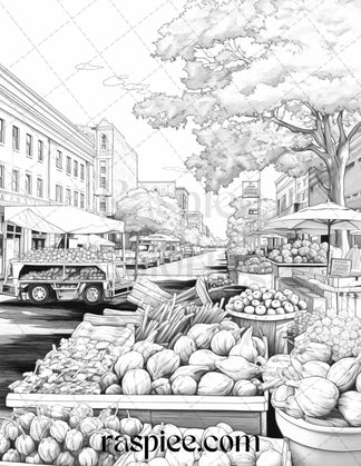 Autumn Street Markets Grayscale Coloring Pages for Adults, Printable P ...