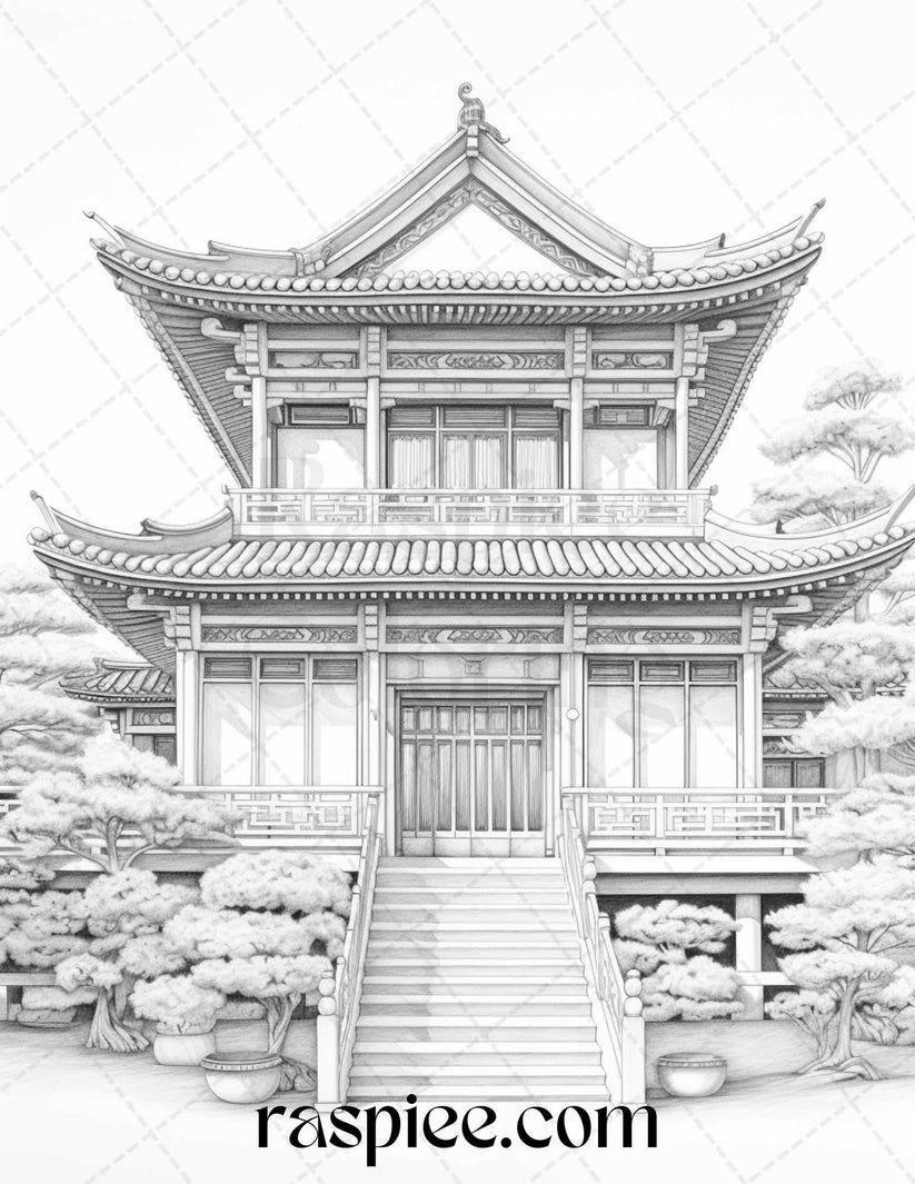 40 Traditional Chinese Houses Grayscale Coloring Pages Printable for A