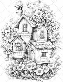 60 Flower Houses Grayscale Coloring Pages Printable for Adults, PDF Fi ...