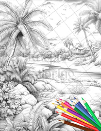 Beautiful Tropical Beach Grayscale Coloring Pages Printable for Adults ...
