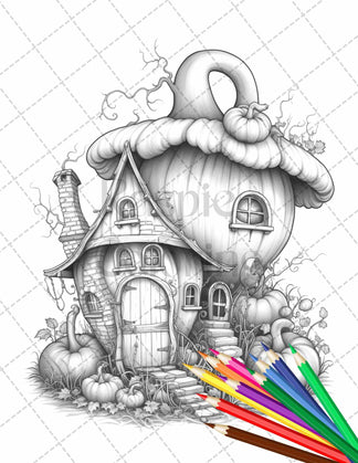 40 Pumpkin Fairy Houses Grayscale Coloring Pages Printable for Adults ...