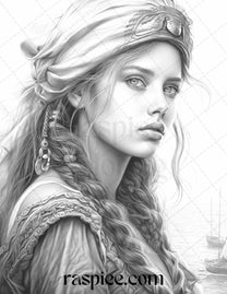60 Pirate Life Grayscale Coloring Pages Printable for Adults, Stress R ...