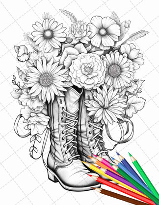 32 Flower Boots Coloring Pages Printable for Adults, Floral Grayscale ...