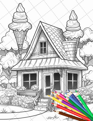 33 Ice Cream Houses Grayscale Coloring Pages Printable for Adults and ...