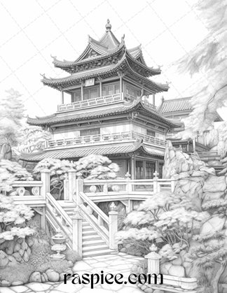 40 Traditional Chinese Houses Grayscale Coloring Pages Printable for A ...