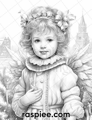 55 Christmas Angel Grayscale Coloring Pages for Adults, Printable PDF ...