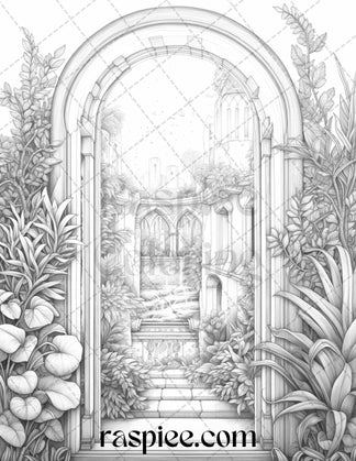 40 Window to Fantasy Worlds Grayscale Coloring Pages Printable for Adu ...