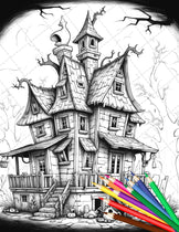 32 Spooky Houses Coloring Pages Printable for Adults, Grayscale Colori ...