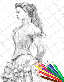 50 Victorian Fashion Grayscale Coloring Pages Printable for Adults, PD ...