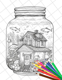 34 Fishtank Houses Coloring Book for Adults, Grayscale Coloring Page ...