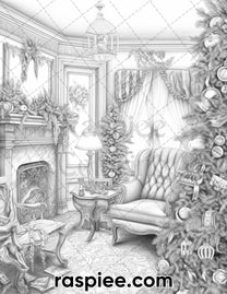 40 Christmas Interior Decorations Grayscale Coloring Pages for Adults ...