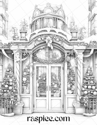 Christmas Store Front Grayscale Coloring Pages for Adults, PDF Printab ...