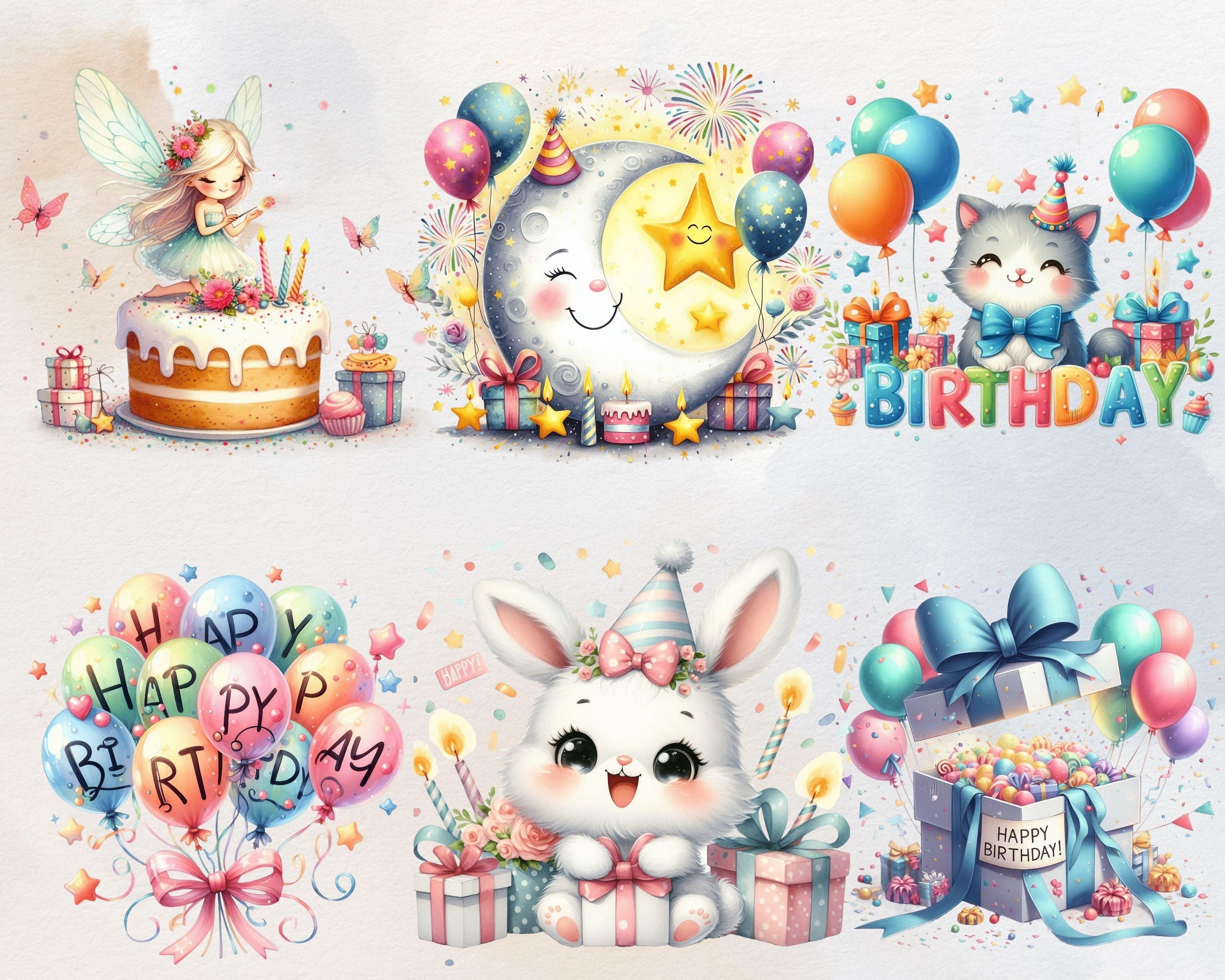 Watercolor Happy Birthday Clipart Bundle, 70 PNG High-Res Files for DI ...