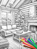 Cozy Cabin Interior Grayscale Coloring Pages Printable for Adults, PDF ...