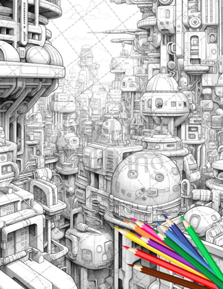 50 Futuristic Metropolis Grayscale Coloring Pages Printable for Adults ...