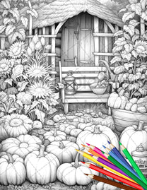 Pumpkin Garden Scenery Grayscale Coloring Pages Printable for Adults ...