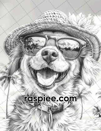 90 Summer Dogs Grayscale Adult Coloring Pages, Printable PDF Instant D ...