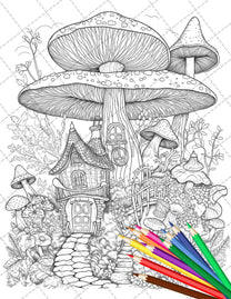 32 Whimsical Mushroom House Coloring Pages for Adults, Grayscale Color ...