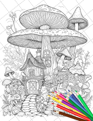 32 Whimsical Mushroom House Coloring Pages for Adults, Grayscale Color ...