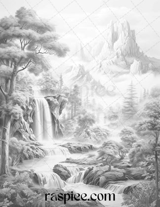40 Fantasy Landscapes Grayscale Coloring Pages Printable for Adults, P ...