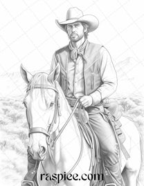 45 Wild West Cowboys Grayscale Coloring Pages Printable for Adults, PD ...