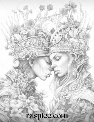 50 Romantic Couple Flowers Grayscale Coloring Pages Printable for Adul ...