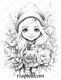 50 Flower Gnomes Grayscale Coloring Pages Printable for Adults Kids, P ...
