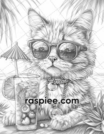 100 Summer Cats Grayscale Adult Coloring Pages, Printable PDF Instant ...