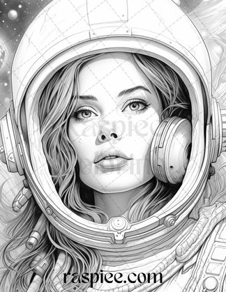50 Astronaut Girl Portrait Grayscale Coloring Pages Printable for Adul ...
