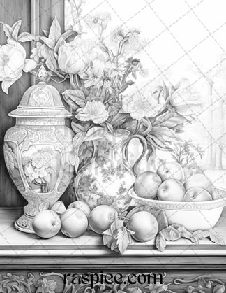 52 Still Life Grayscale Coloring Pages Printable for Adults, PDF File ...