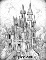 50 Haunted Castles Grayscale Coloring Pages Printable, Halloween Color ...