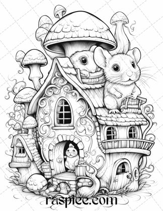40 Magical Mouse Houses Grayscale Coloring Pages Printable for Adults ...