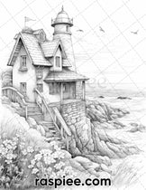 50 Fairy Beach Houses Grayscale Coloring Pages for Adults, Printable P ...