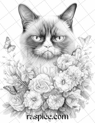 50 Grumpy Cat Grayscale Coloring Pages Printable for Adults, PDF File ...